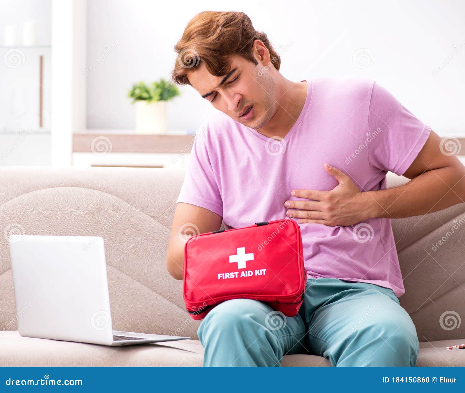 Sick Man at Home with First Aid Kit Stock Photo - Image of pain, house ...