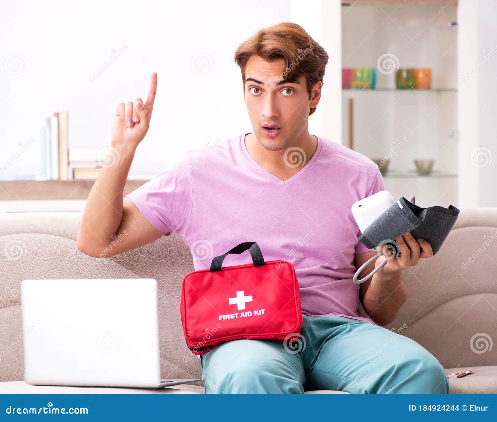 Sick Man at Home with First Aid Kit Stock Photo - Image of blood ...