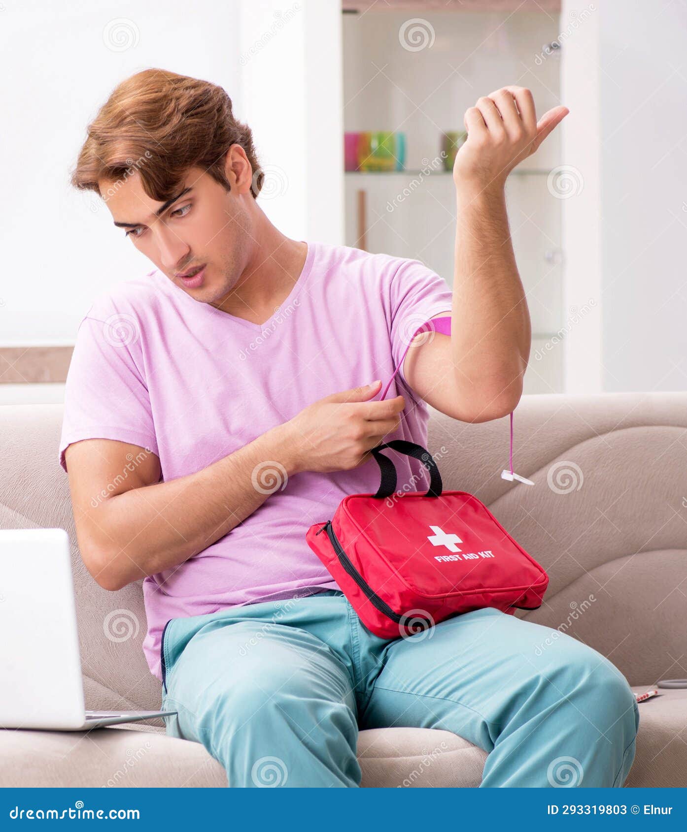Sick Man at Home with First Aid Kit Stock Image - Image of couch ...
