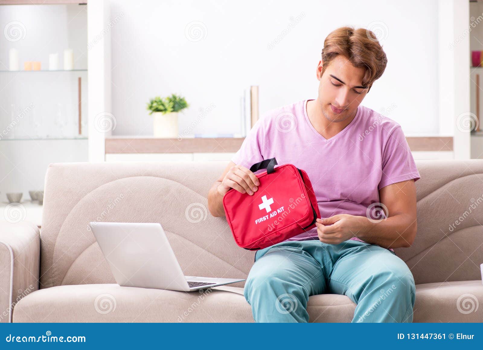 The Sick Man at Home with First Aid Kit Stock Image - Image of ...