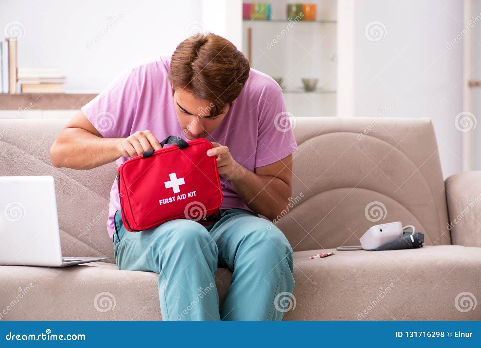 The Sick Man at Home with First Aid Kit Stock Photo - Image of medicine ...