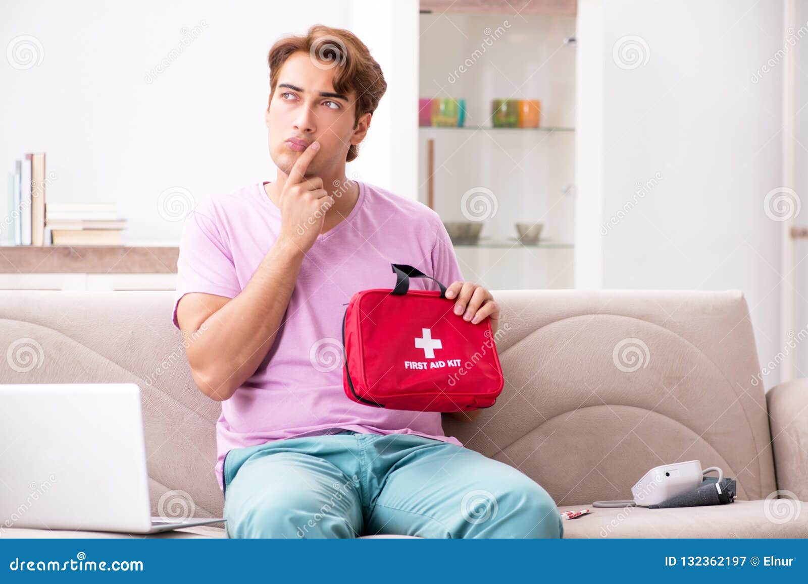 The Sick Man at Home with First Aid Kit Stock Image - Image of care ...