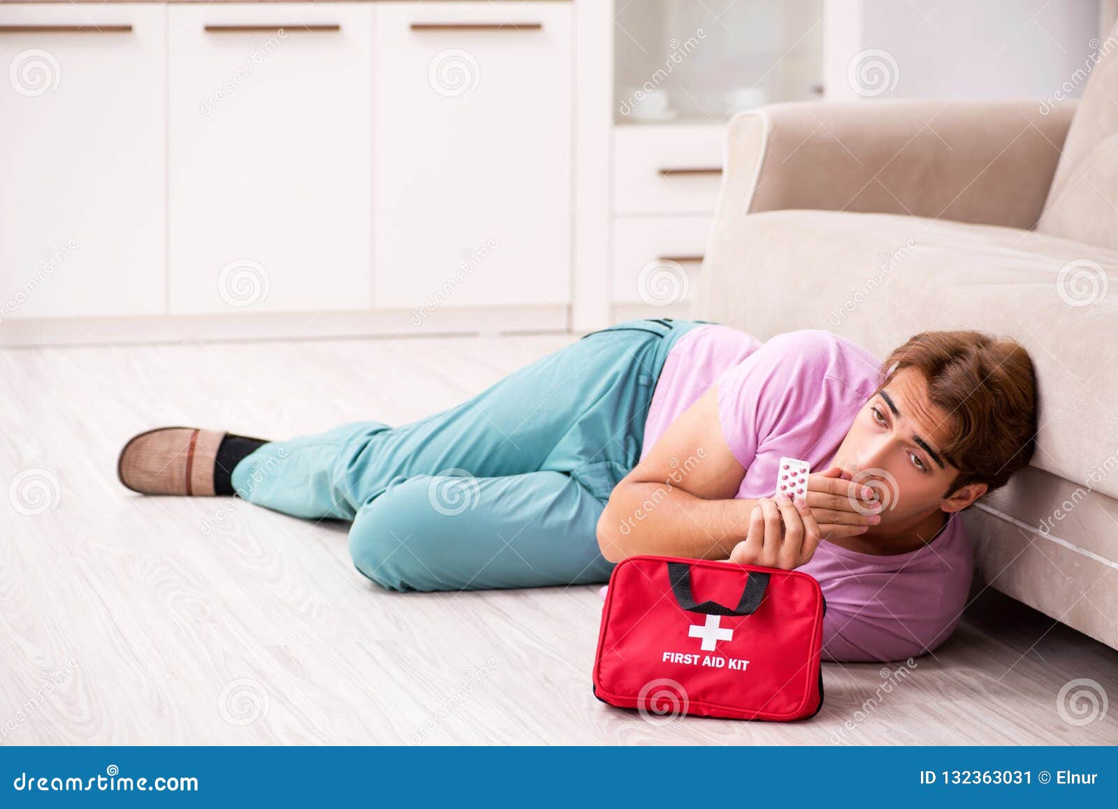 The Sick Man at Home with First Aid Kit Stock Image - Image of case ...
