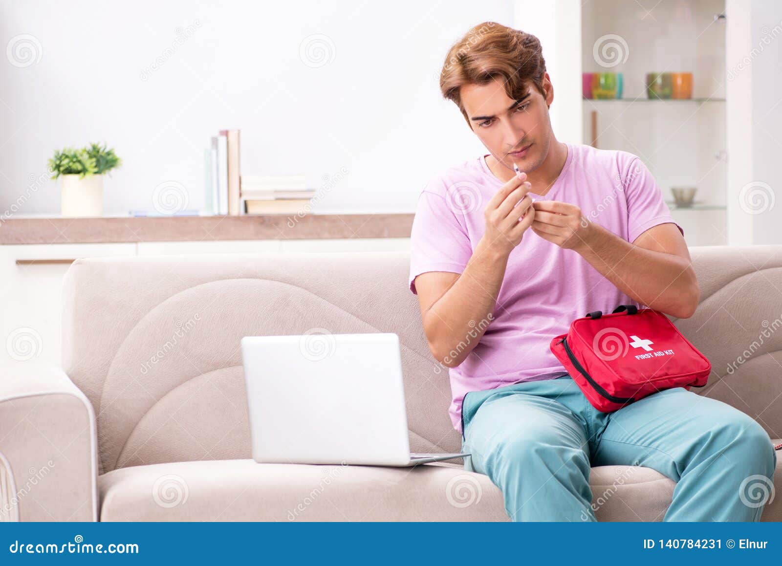The Sick Man at Home with First Aid Kit Stock Image - Image of disease ...