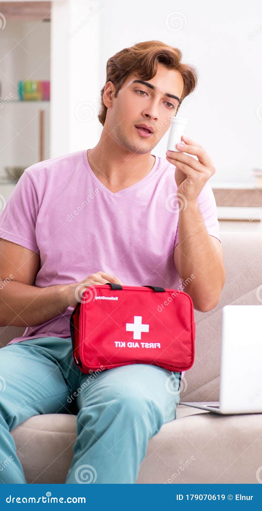 Sick Man at Home with First Aid Kit Stock Image - Image of case, crisis ...