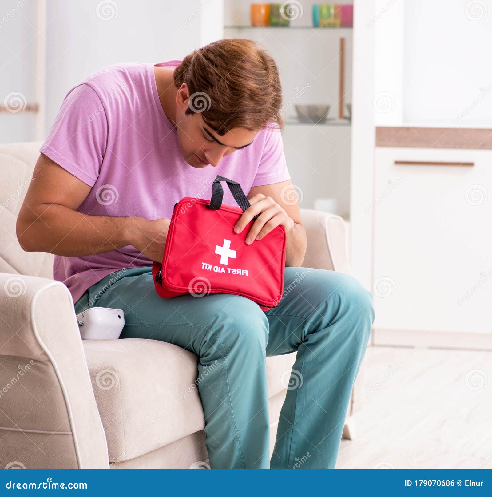 Sick Man at Home with First Aid Kit Stock Photo - Image of prescription ...