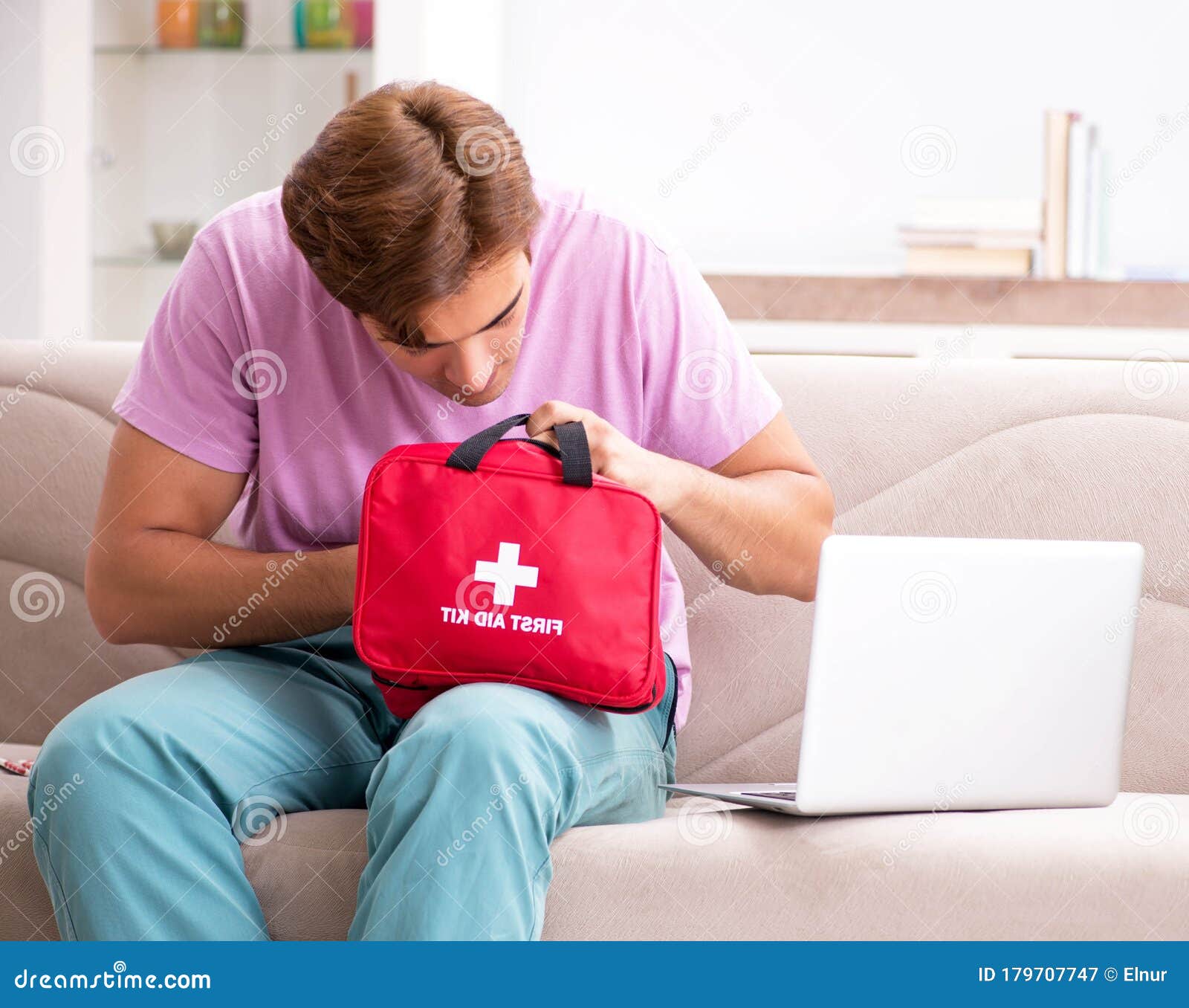 Sick Man at Home with First Aid Kit Stock Image - Image of case, home ...