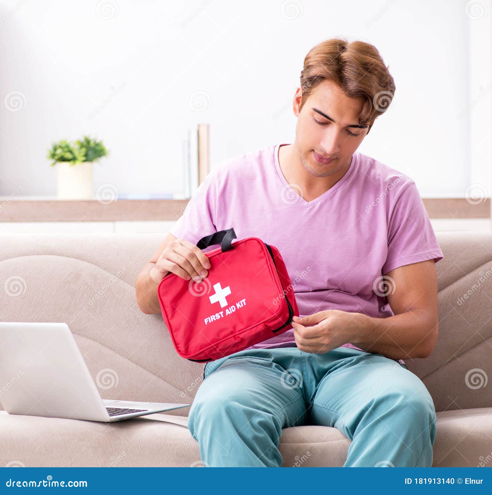 Sick Man at Home with First Aid Kit Stock Photo - Image of medication ...