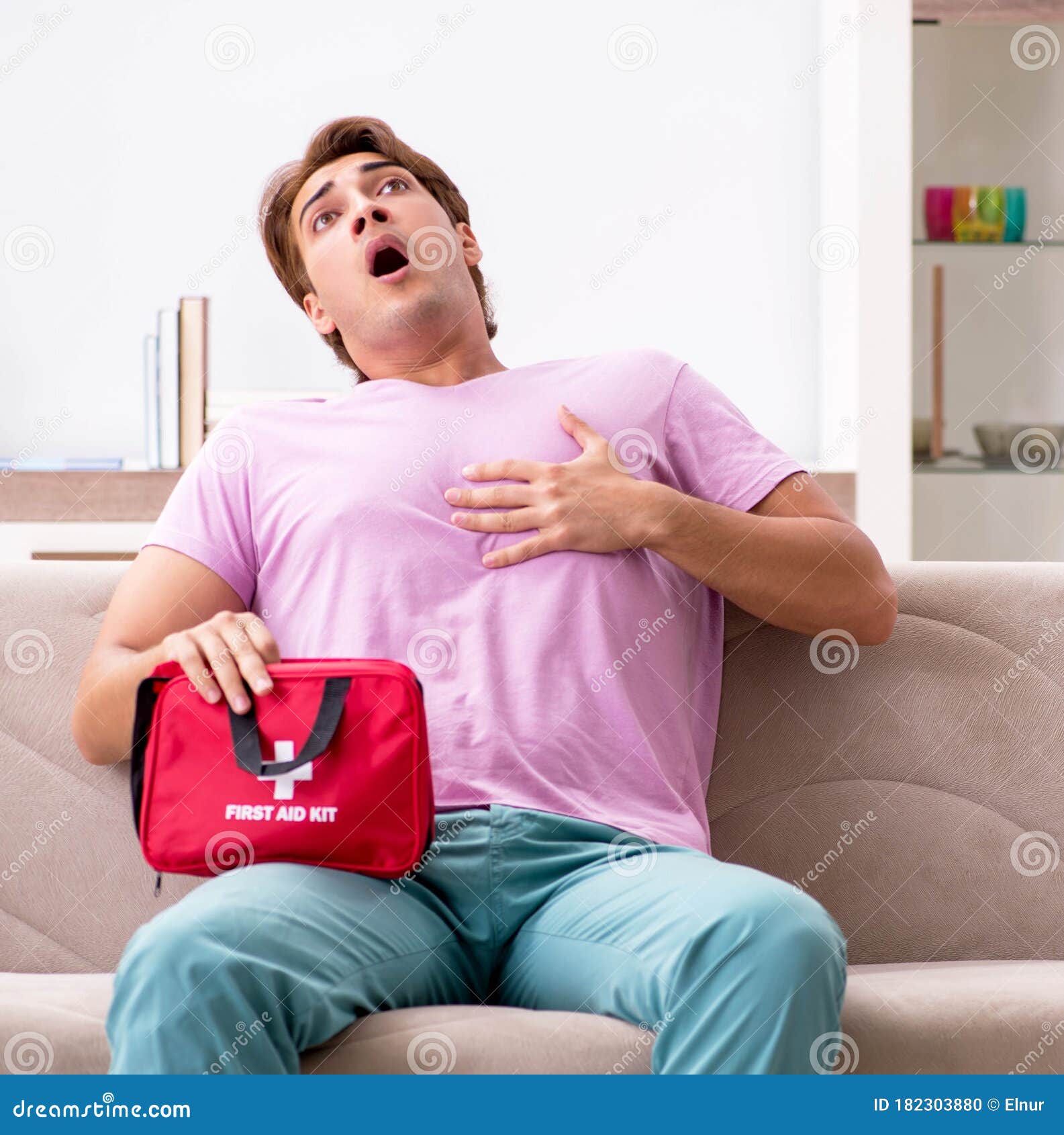 Sick Man at Home with First Aid Kit Stock Photo - Image of help, couch ...