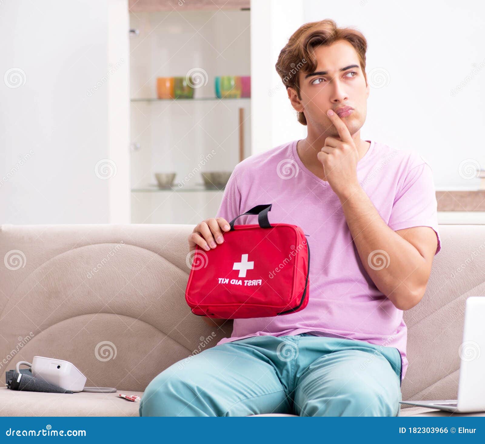 Sick Man at Home with First Aid Kit Stock Photo - Image of concerned ...