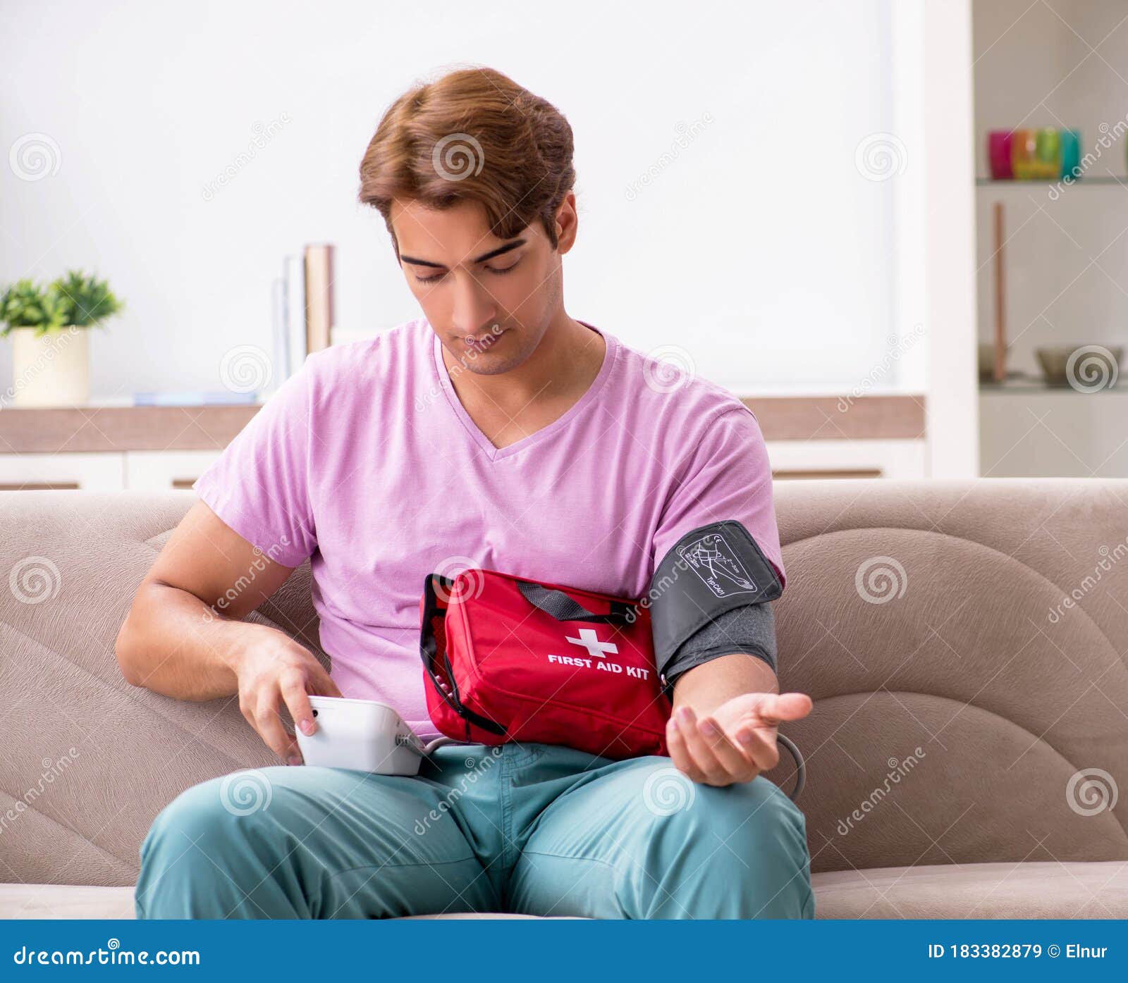 Sick Man at Home with First Aid Kit Stock Image - Image of insurance ...