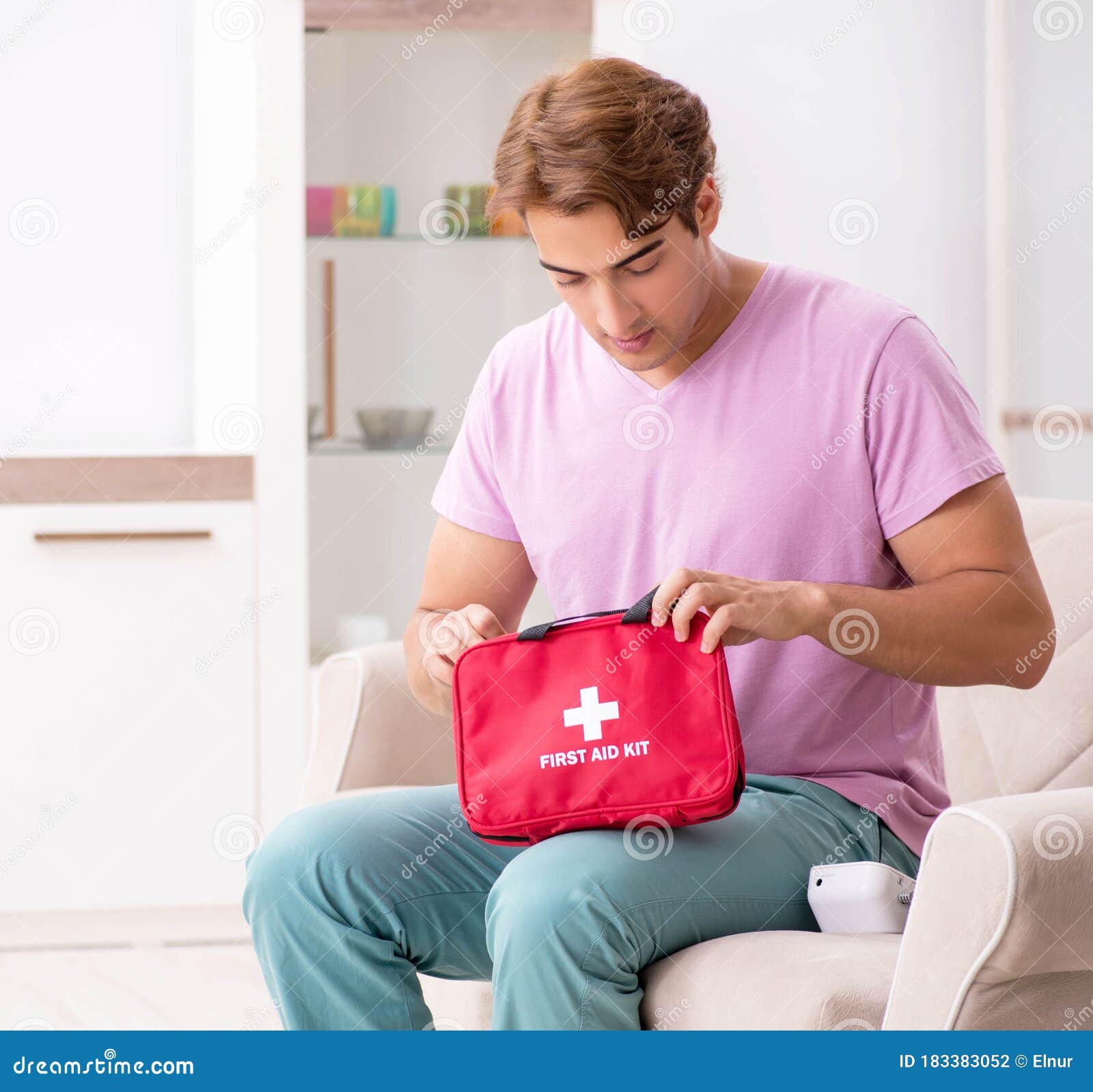 Sick Man at Home with First Aid Kit Stock Photo - Image of accident ...