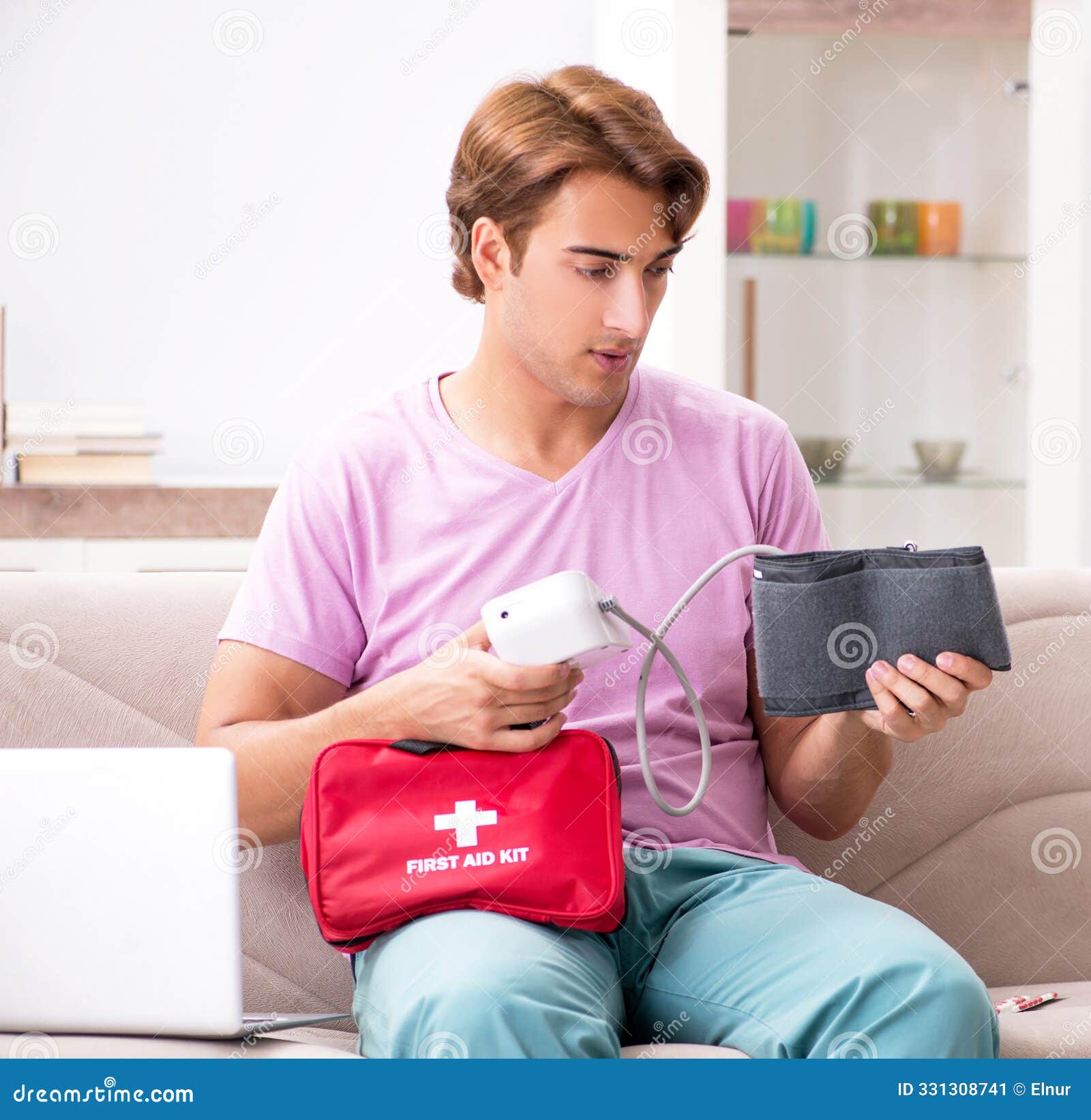 Sick Man at Home with First Aid Kit Stock Image - Image of diagnostic ...