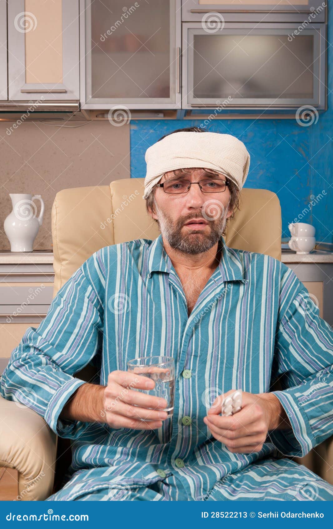 Sick Man Sitting in Chair with Tablets Stock Image - Image of medicine ...