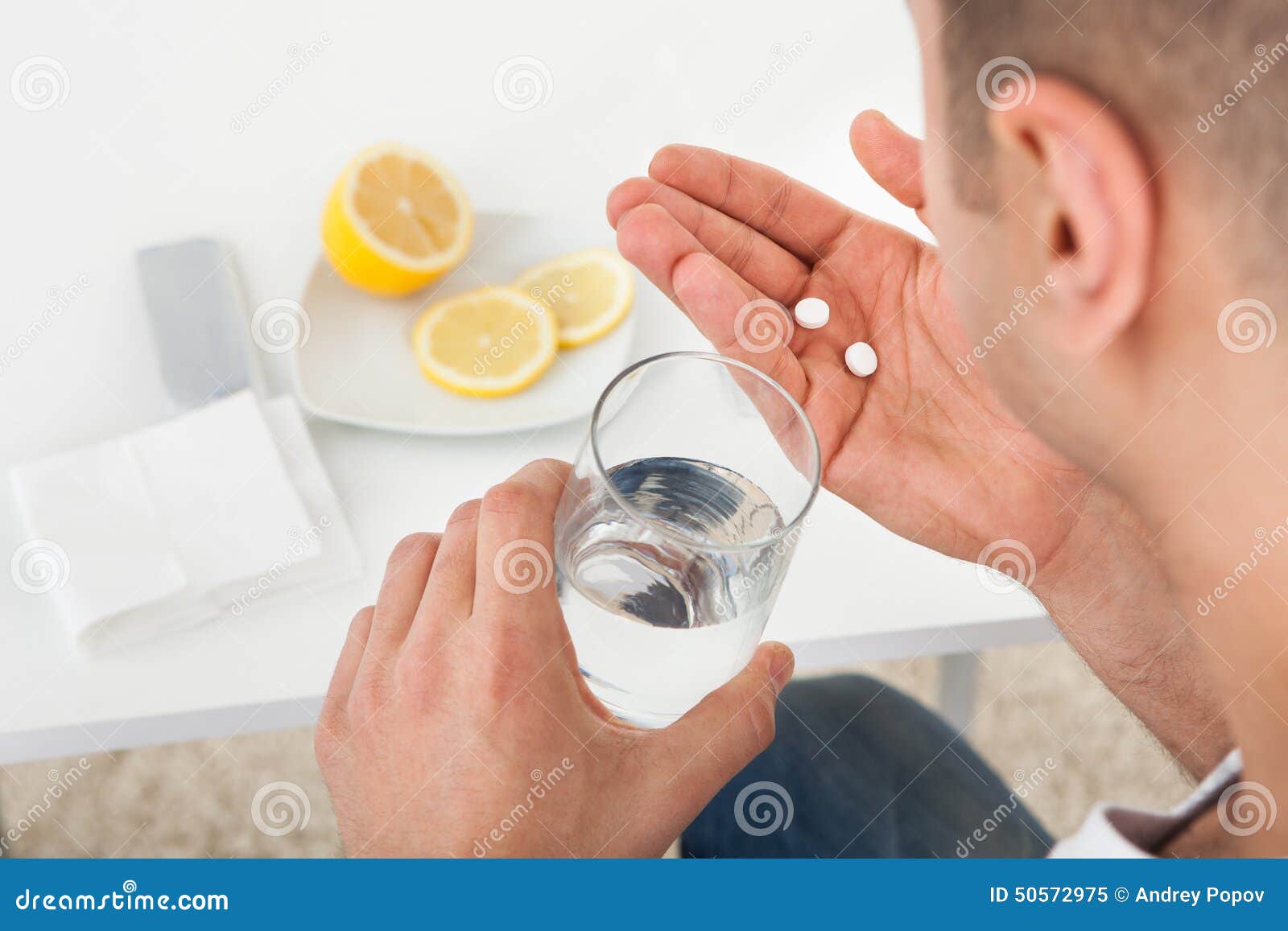 Sick Man Taking Tablets with Glass of Water Stock Image - Image of ...