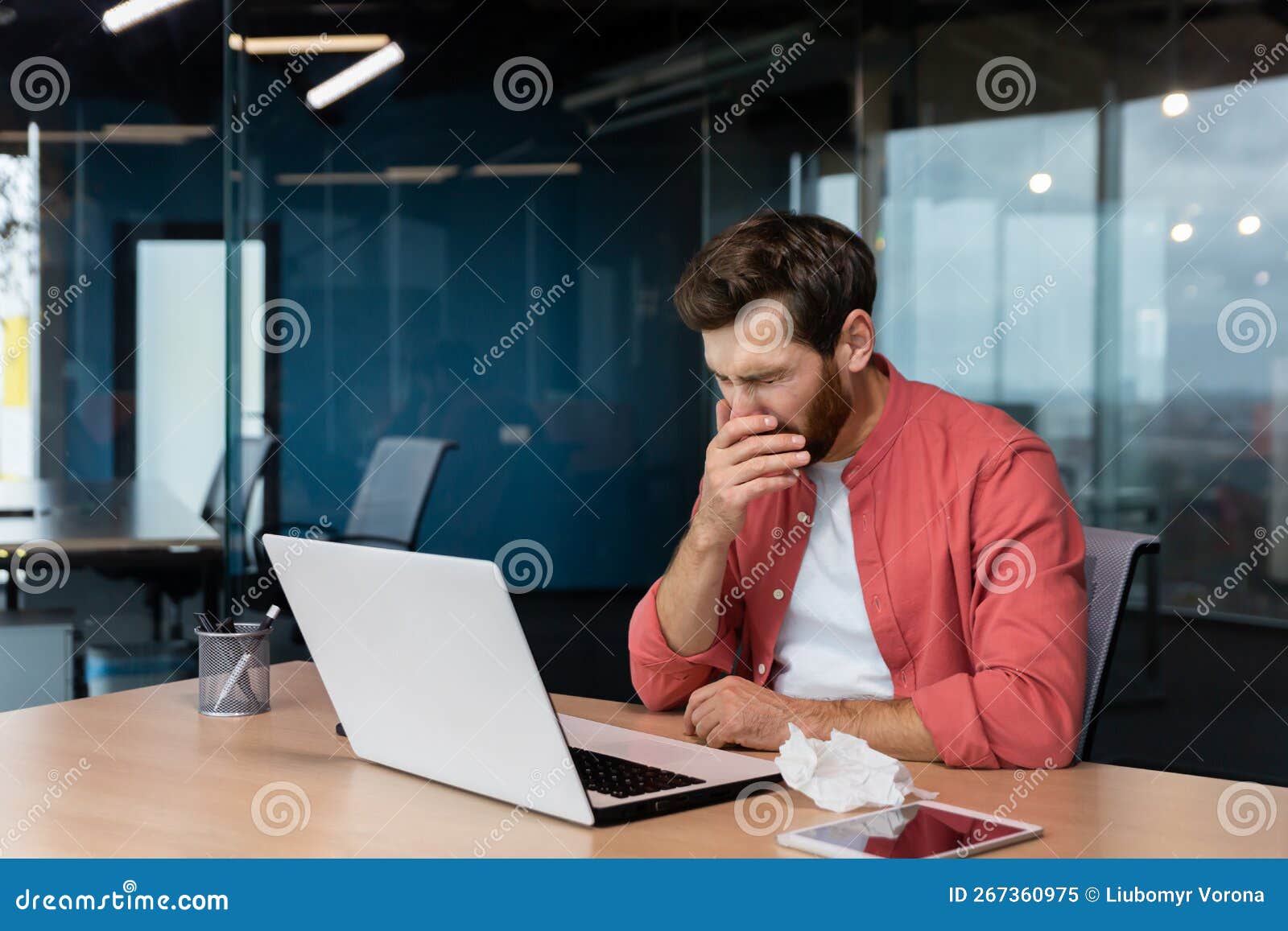 Sick Man at Work Has Flu and Cold, Businessman Sneezes and Coughs at ...