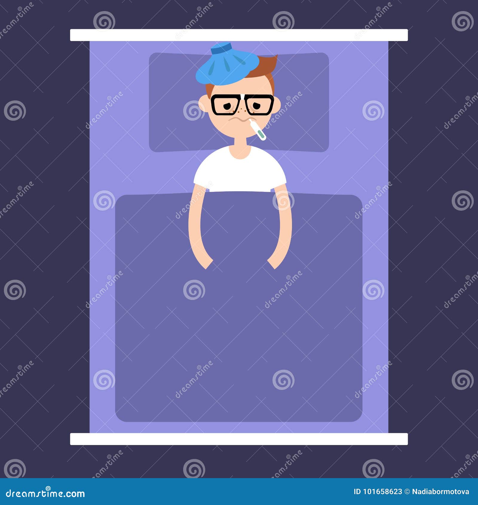 Sick Nerd Lying Under the Blanket with an Ice Pack on His Head a Stock ...