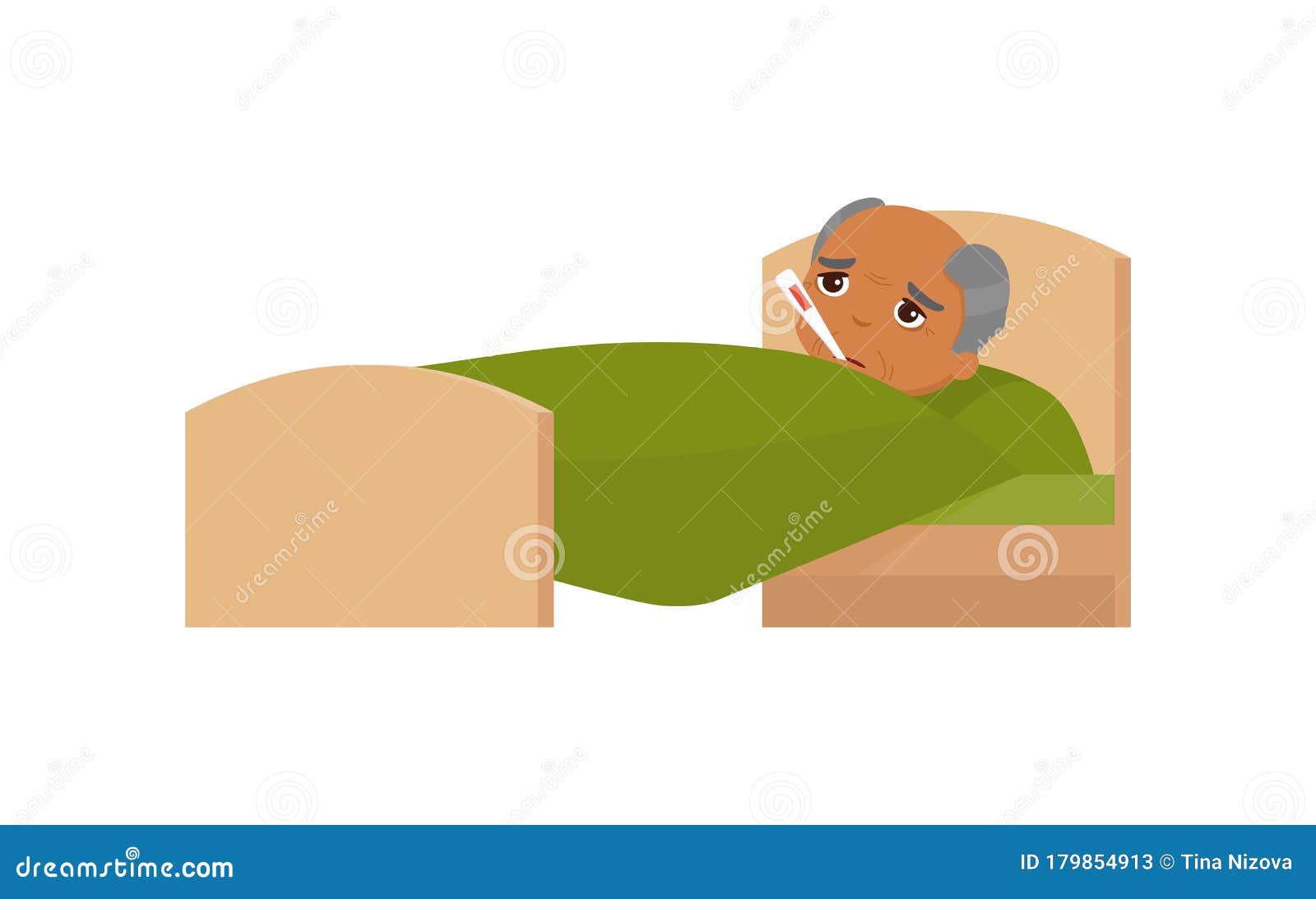 Sick Old Indian Man with Thermometer in Bed Flat Vector Illustration ...