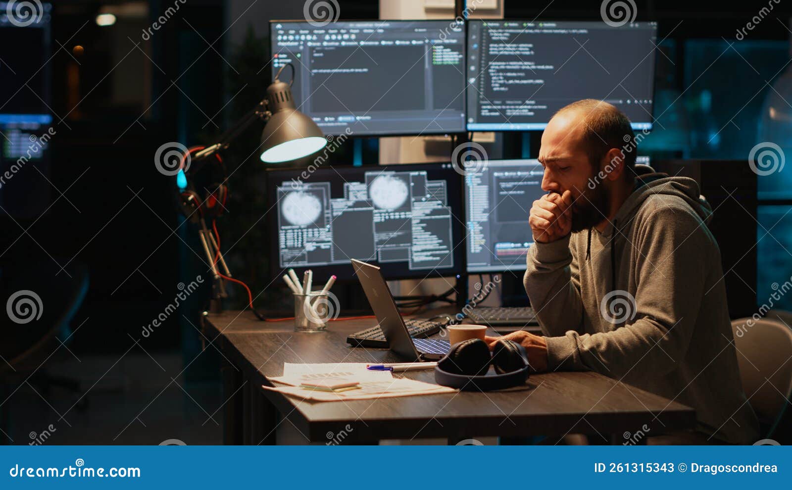 Sick Programmer Having Sore Throat and Coughing in Office Stock Image ...