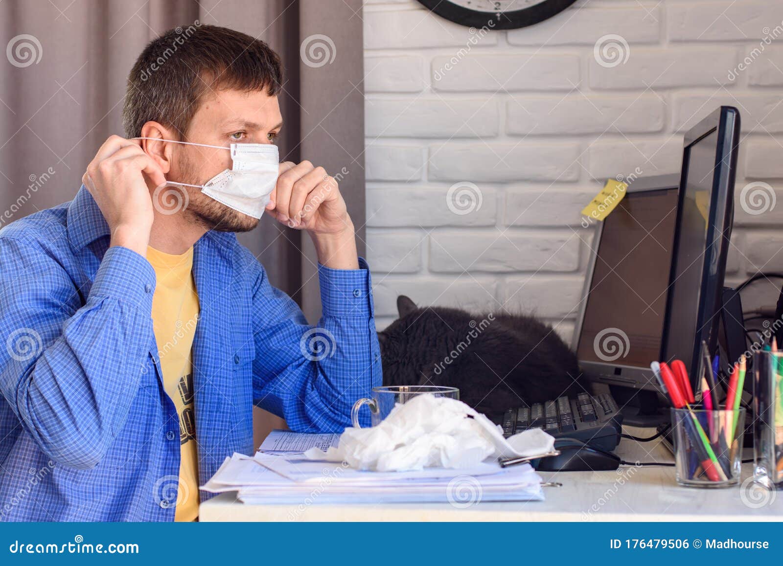 A Sick Quarantined Man Works at a Computer Stock Photo - Image of ...