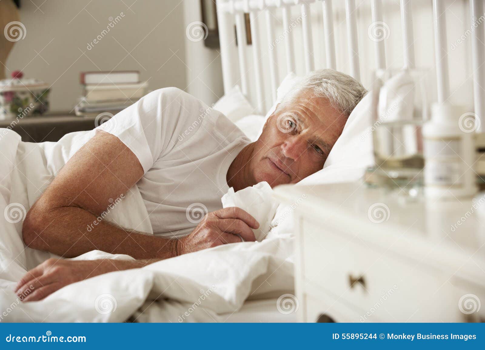 Sick Senior Man in Bed at Home Stock Photo - Image of miserable, person ...