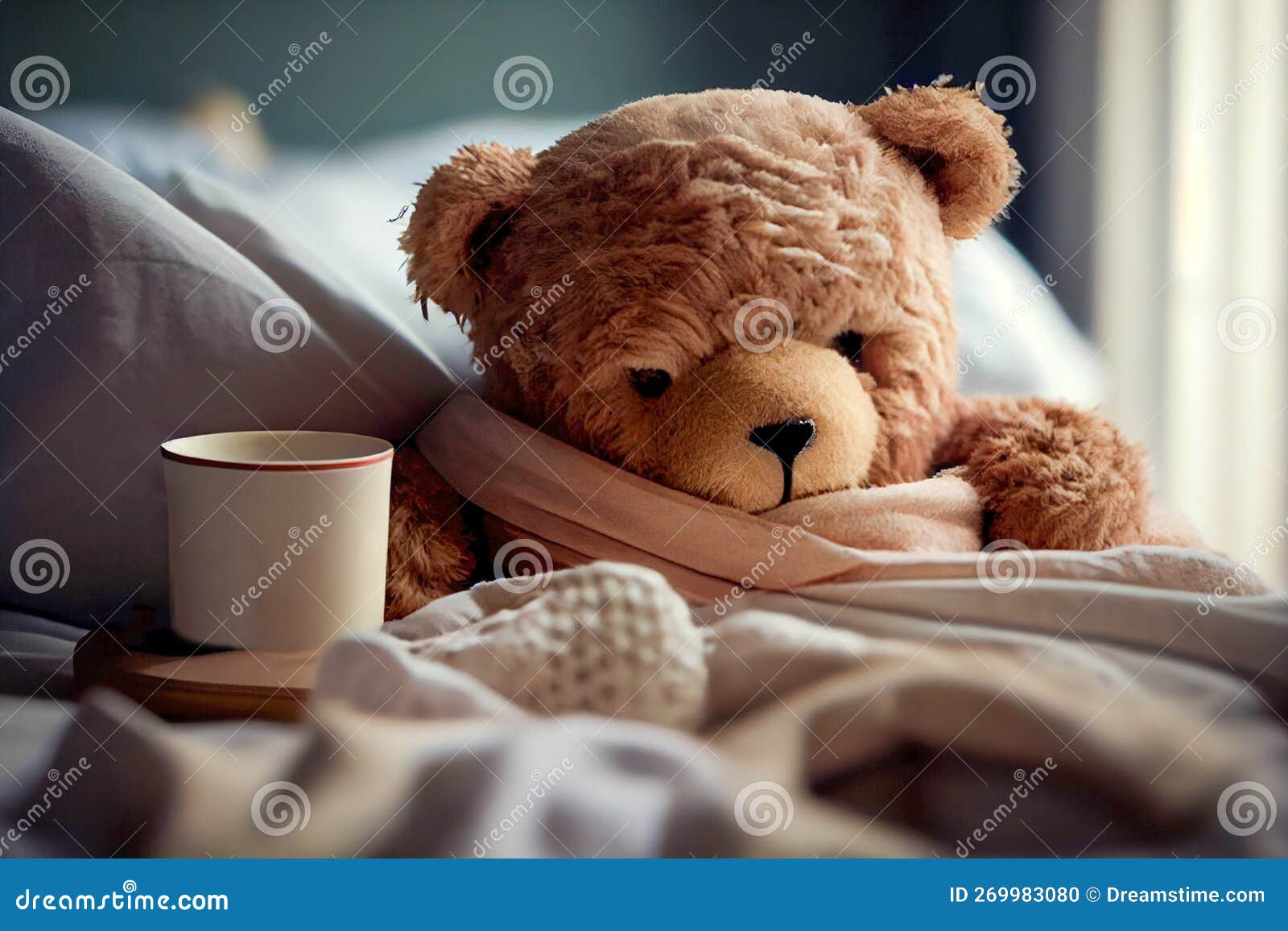 Sick Teddy Bear in Bed Illustration. Generative AI Stock Illustration ...