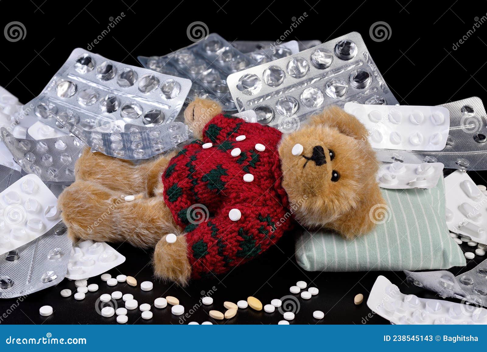 Sick Teddy Bear between Empty Medication Blisters Stock Image - Image ...
