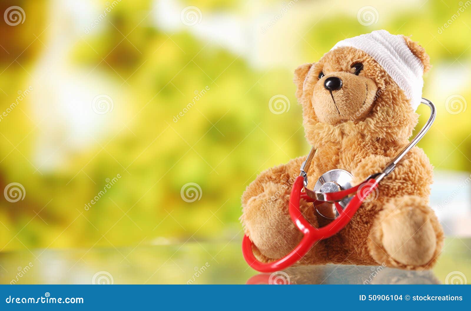 Sick Teddy Bear with Stethoscope on Glass Table Stock Photo - Image of ...
