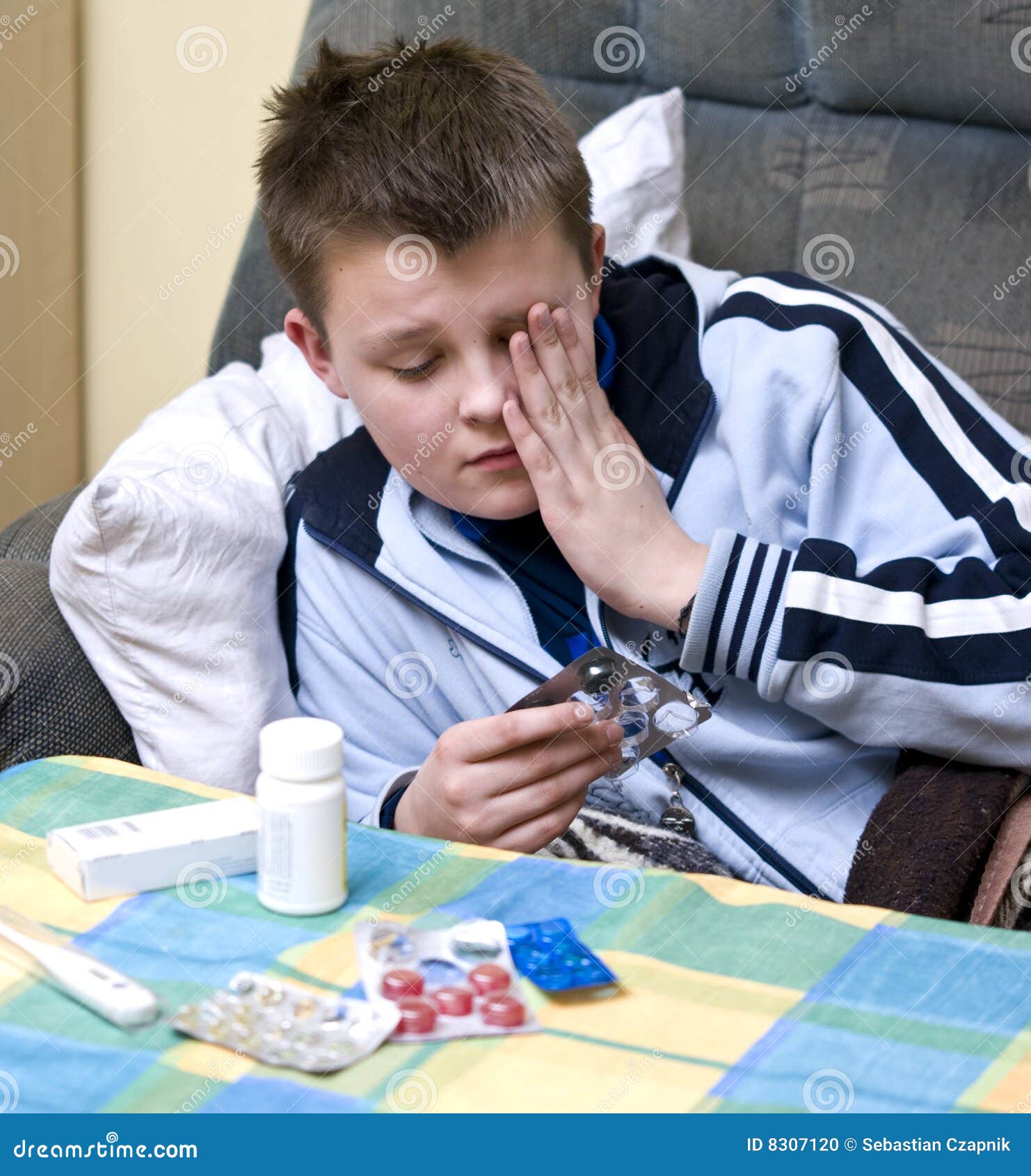 Sick Teenage Boy and Medicines Stock Photo - Image of sickness, pills ...