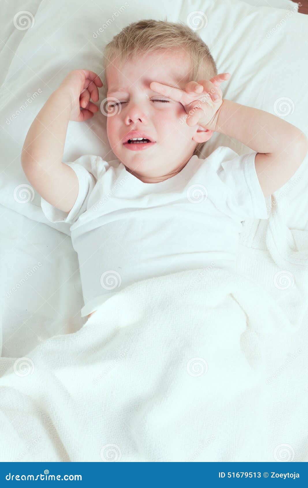 Sick Toddler Boy Crying in Bed Stock Image - Image of face, baby: 51679513