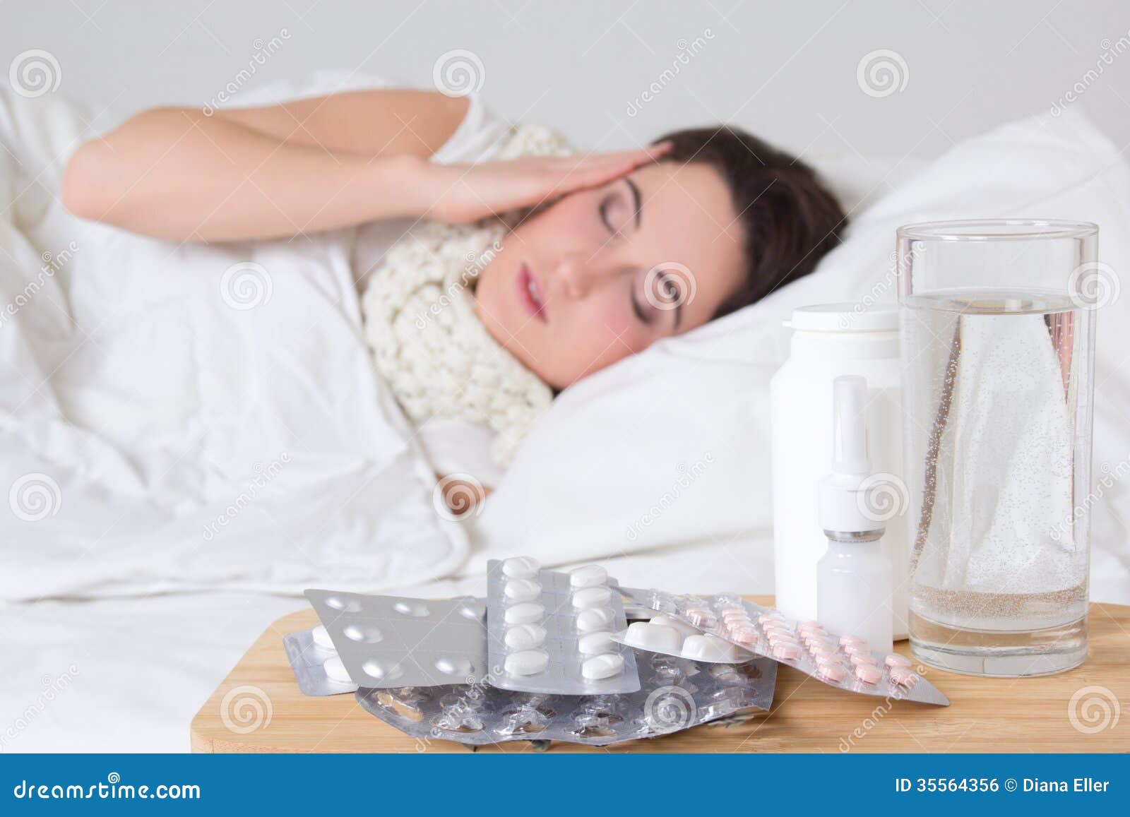 Sick Woman in Bed and Pills on the Table Stock Photo - Image of patient ...