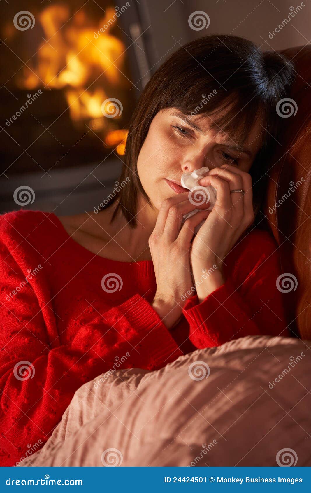 Sick Woman with Cold Resting by Cosy Log Fire Stock Image - Image of ...