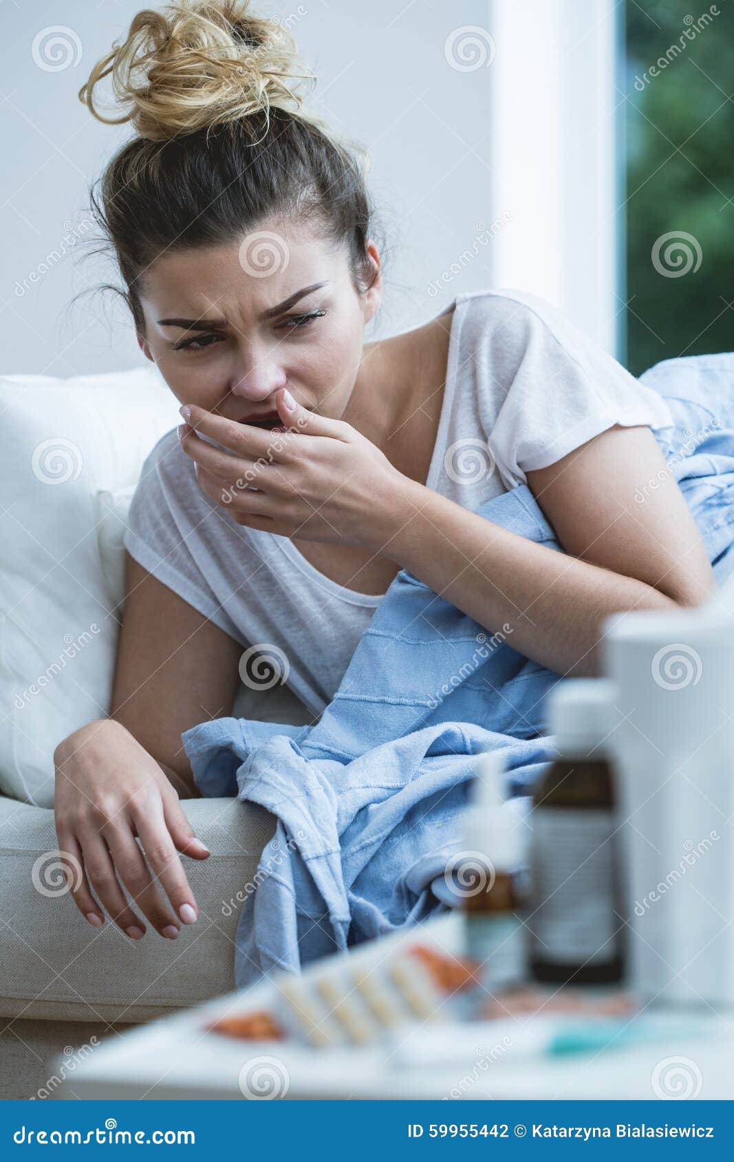 Sick woman coughing stock photo. Image of duvet, fever - 59955442
