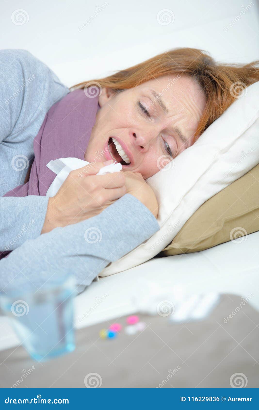 Sick Woman Crying on Sofa at Home Stock Photo - Image of sorrow ...