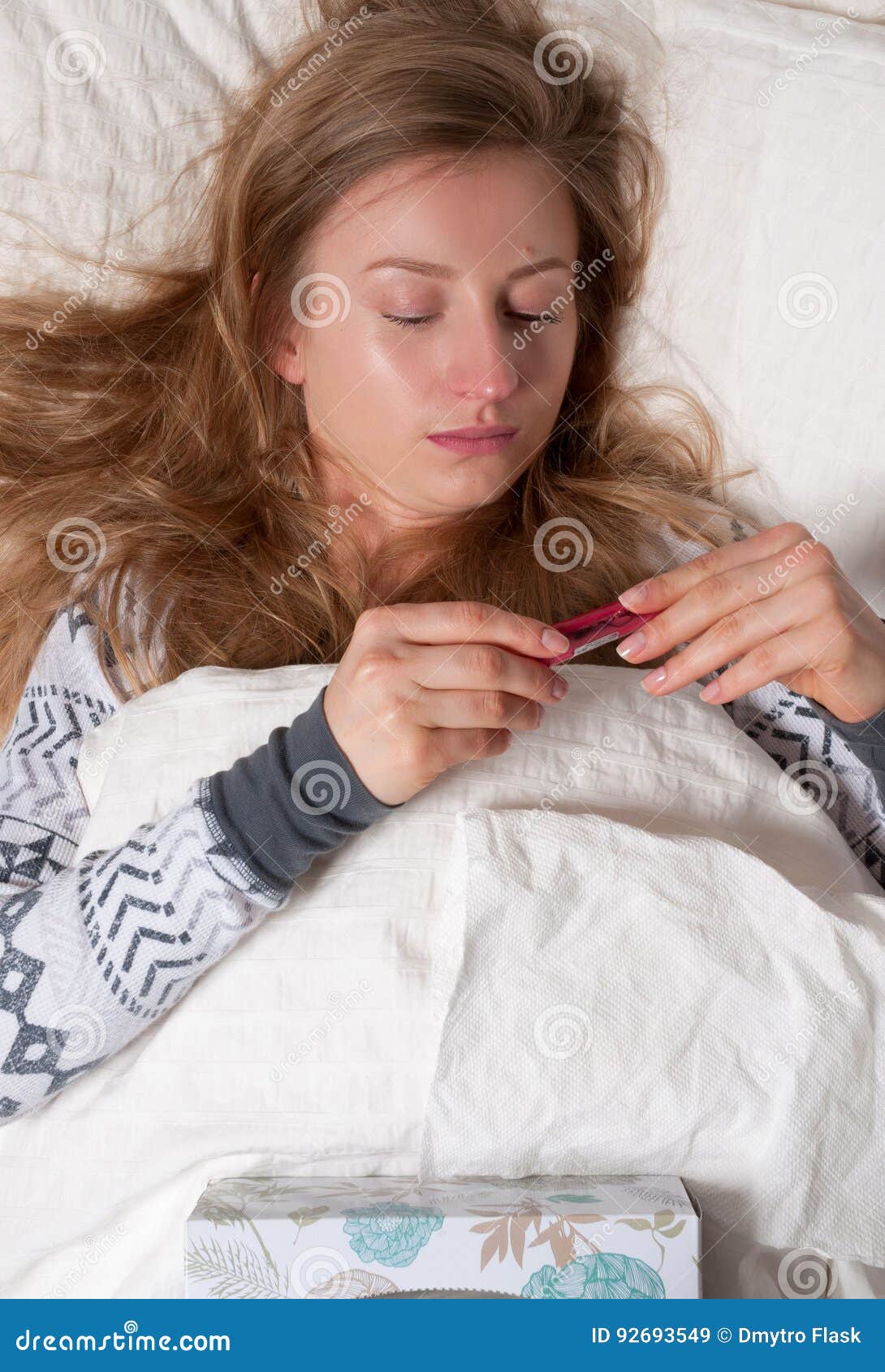 Sick Woman with Fever Checking Her Temperature Stock Image - Image of ...
