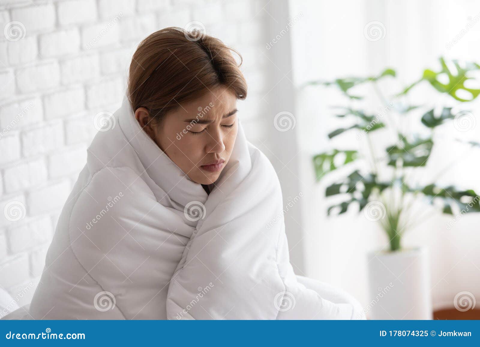 Sick Woman Has Fever Cold At Home With Blanket Cover On Body Virus