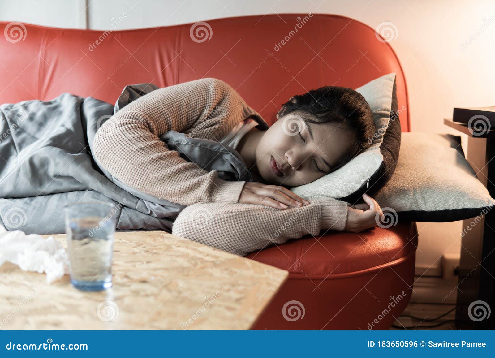 Sick Woman Have a Cold and Sleeping on Sofa Stock Photo - Image of ...