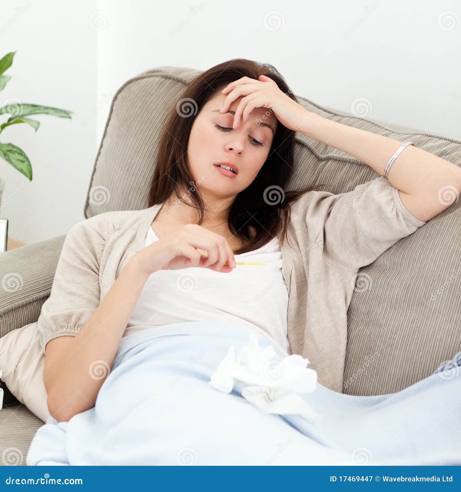 Sick Woman Looking at a Thermometer Stock Image - Image of forehead ...