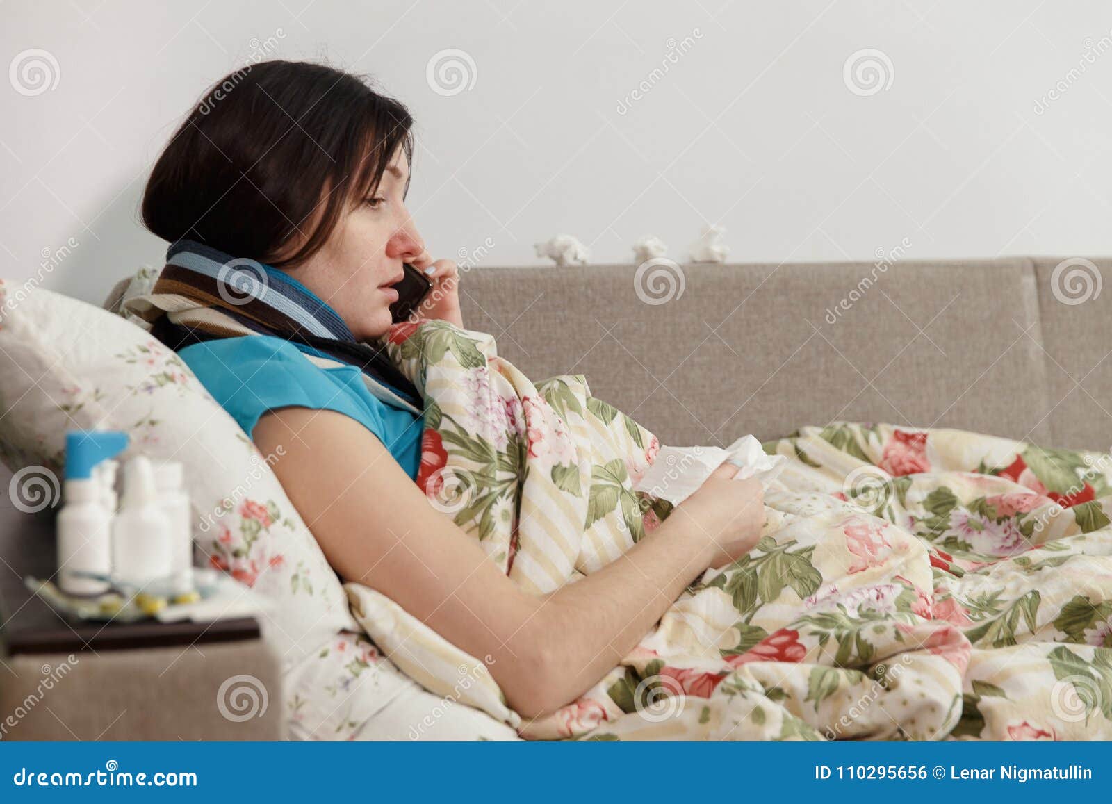 Sick Woman Lying in Bed at Home Talking on the Phone Stock Photo ...