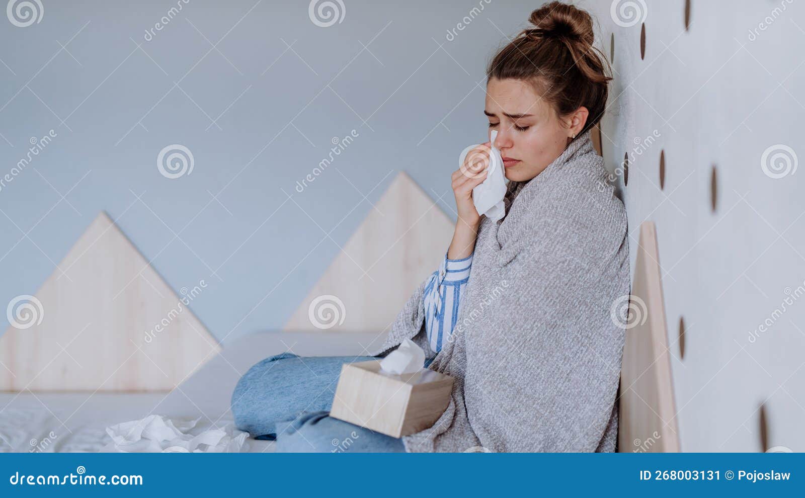 Sick Woman Sitting in Bed, Having a Cold. Stock Image - Image of cosy ...