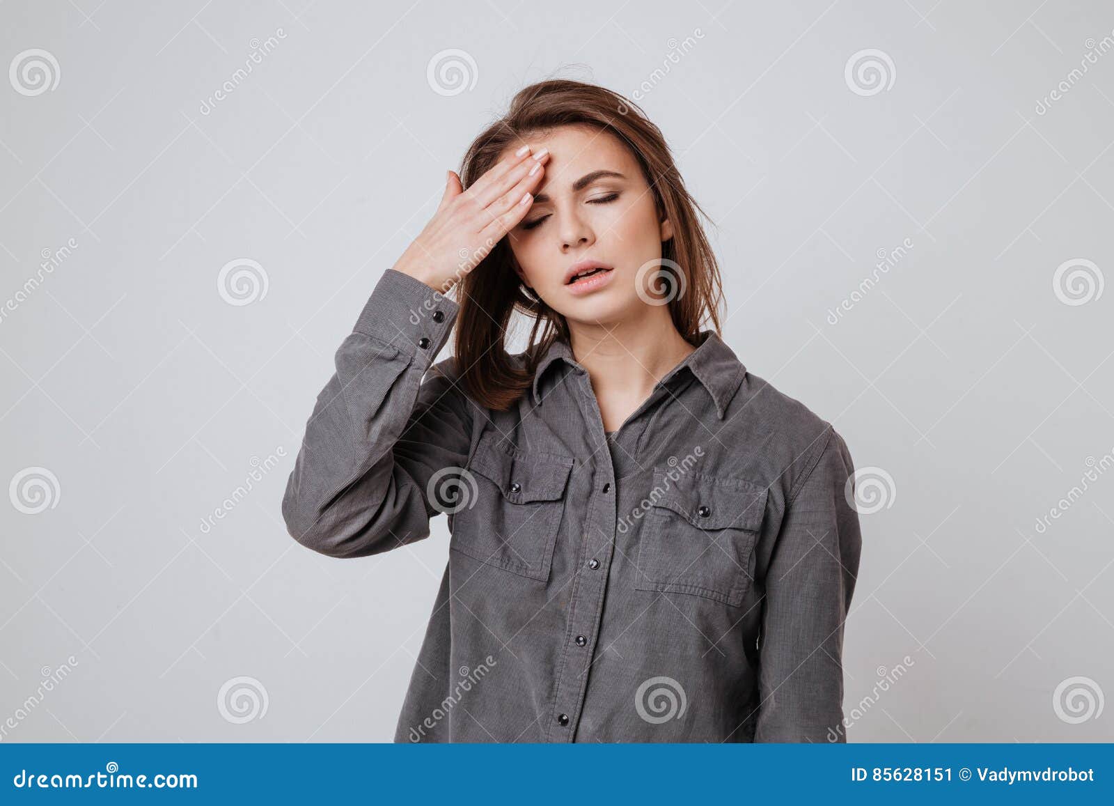 Sick Young Lady with Headache Touching Her Head. Stock Image - Image of ...