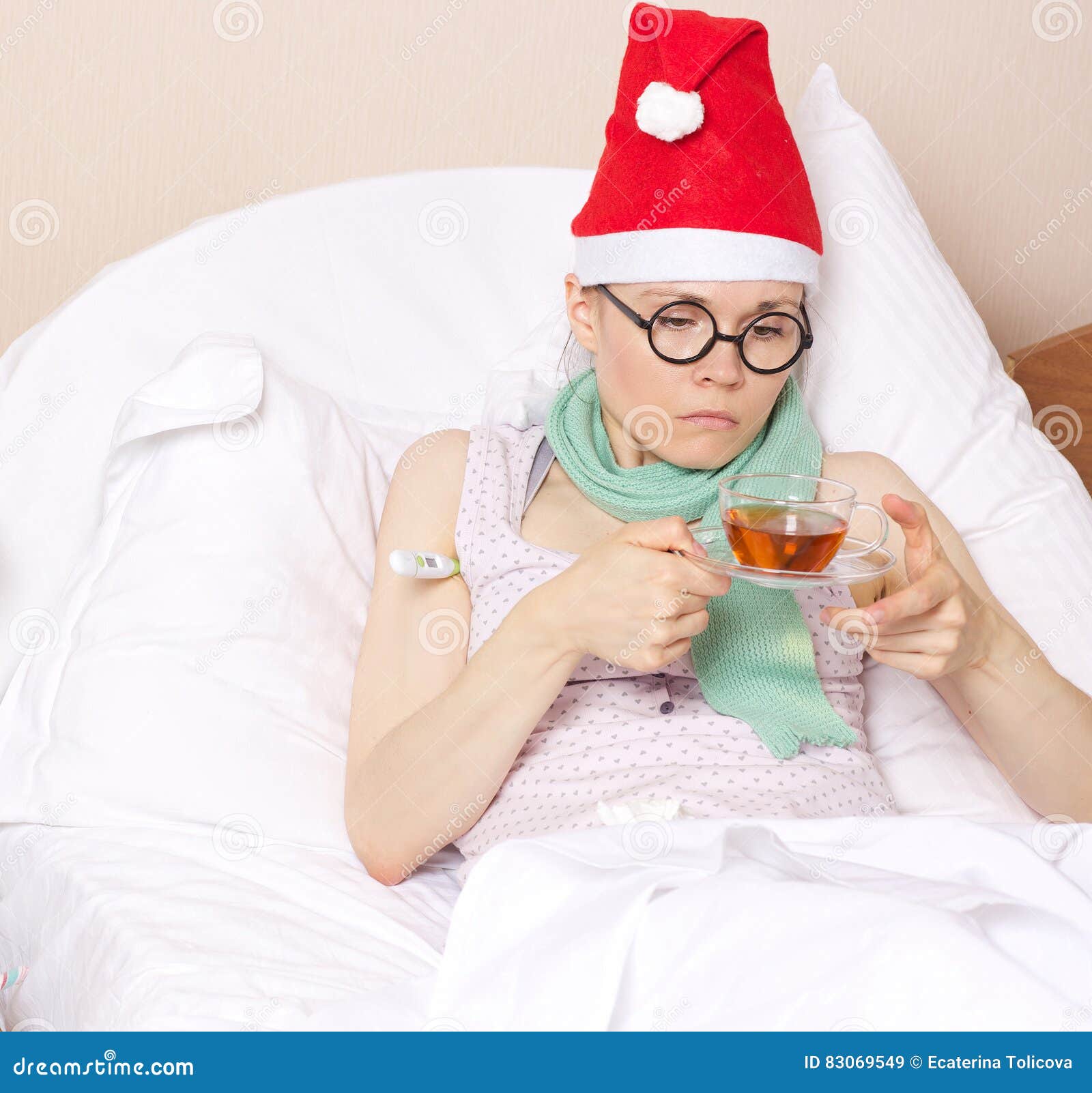 Sick young lady in her bed stock image. Image of prescription - 83069549