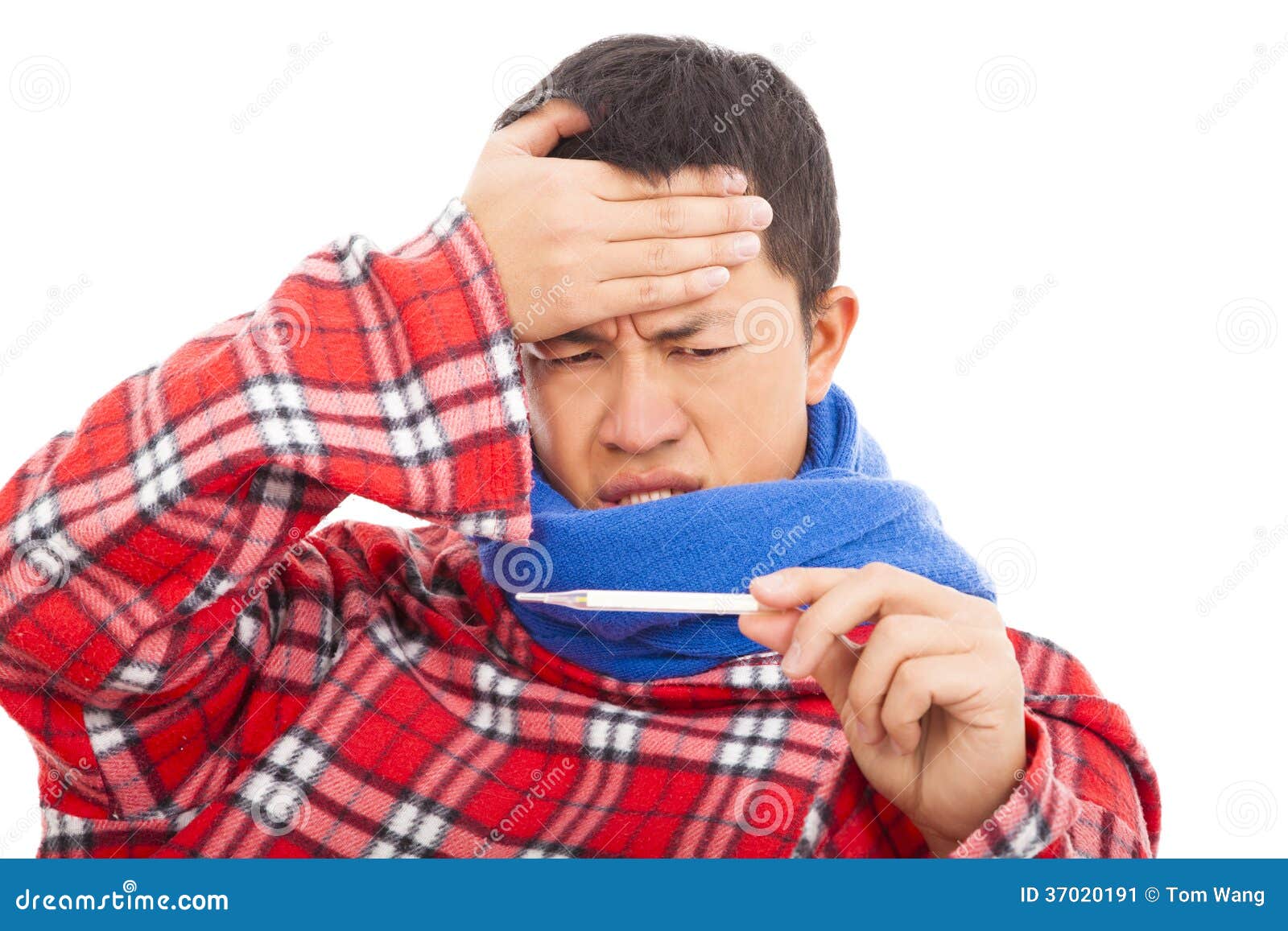 Sick Young Man Measuring Fever Temperature with Thermometer Stock Image ...