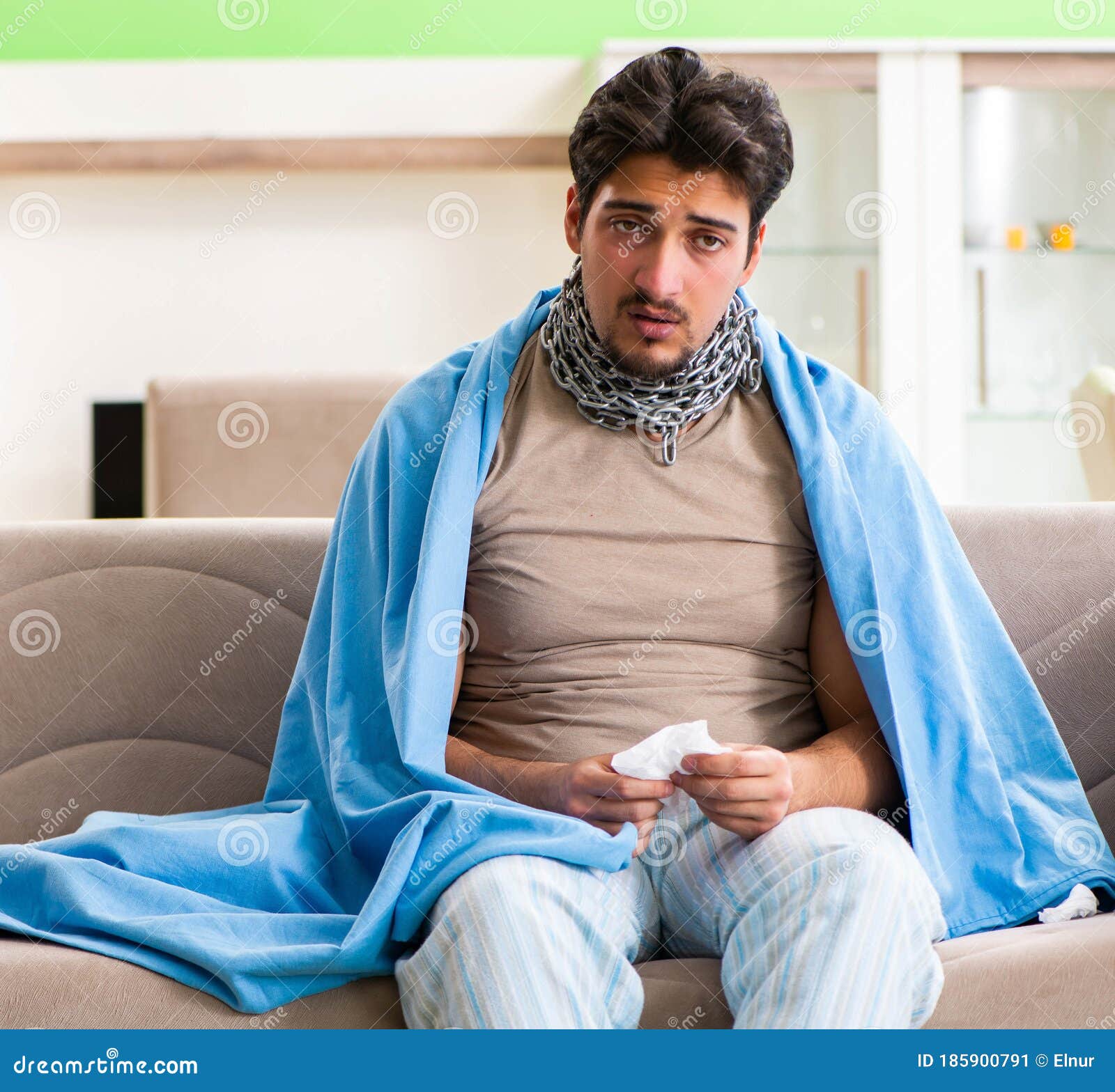 Sick Young Man Suffering from Flu at Home Stock Image - Image of neck ...