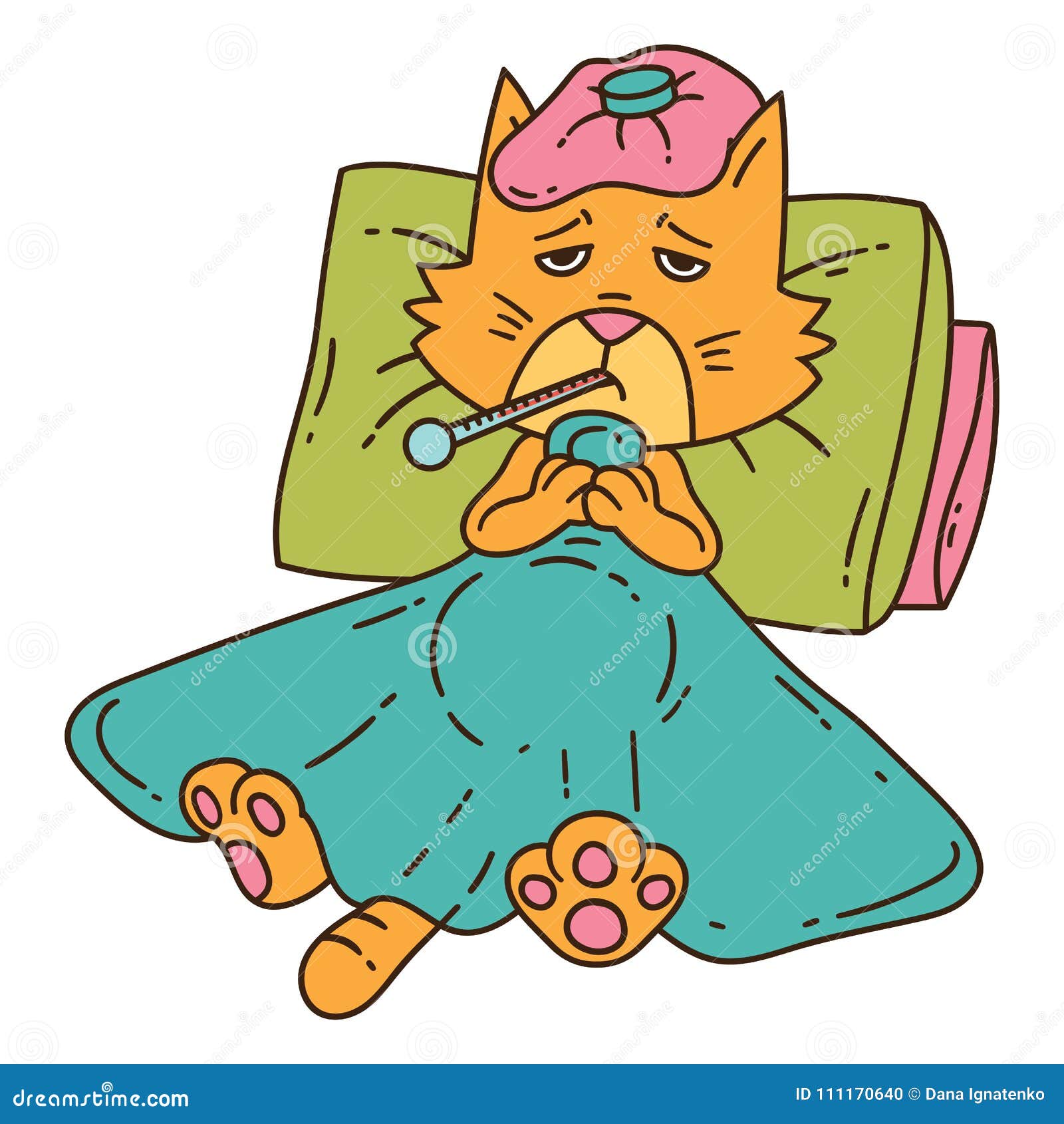 Sickening Cat with Thermometer Under the Blanket. Stock Vector ...