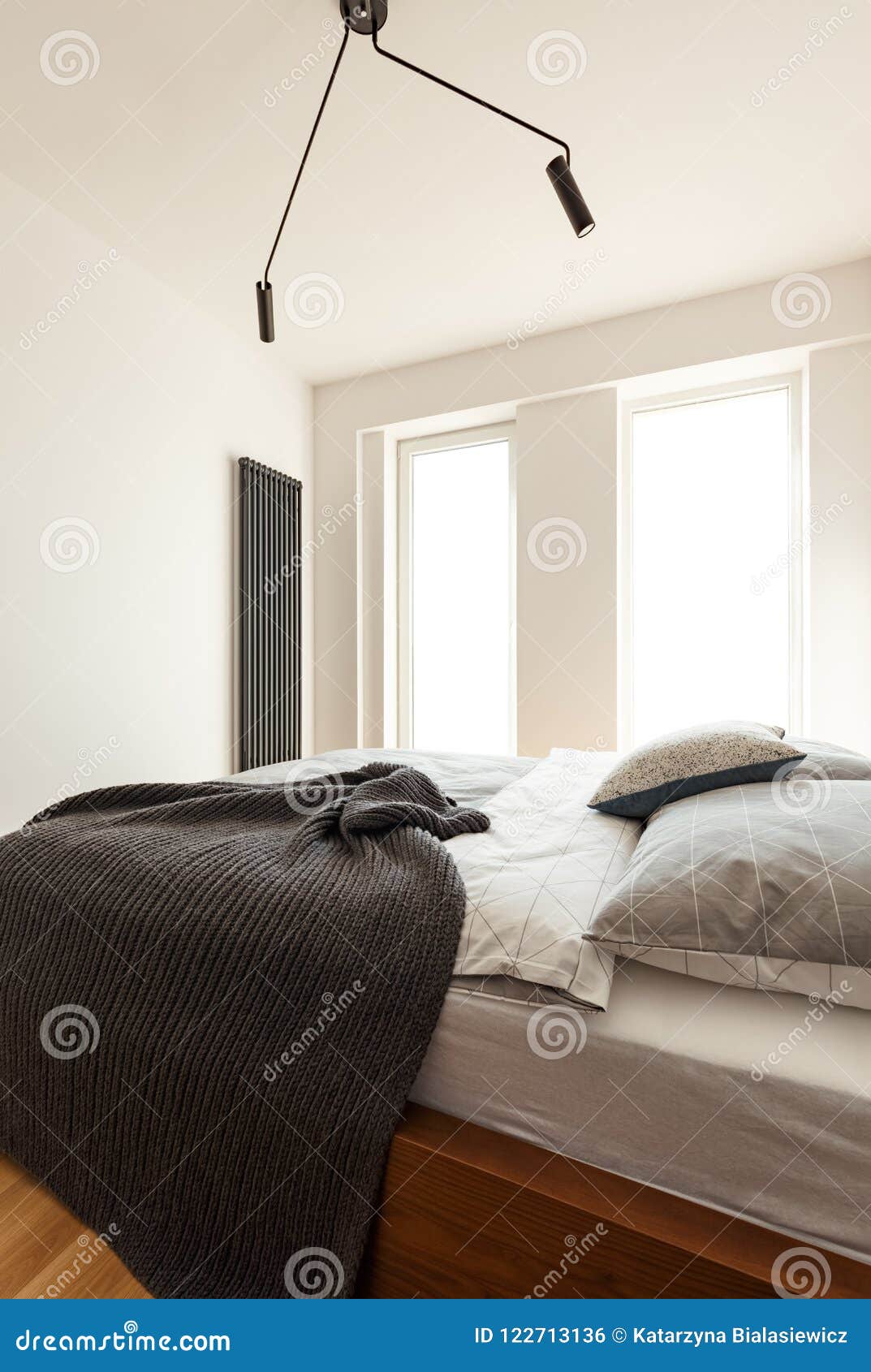Side Angle of a Double Bed with Blanket and Pillows, Big Window Stock ...
