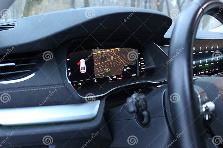 Side Angle View of Navigation Map with Destination Point on a Modern ...