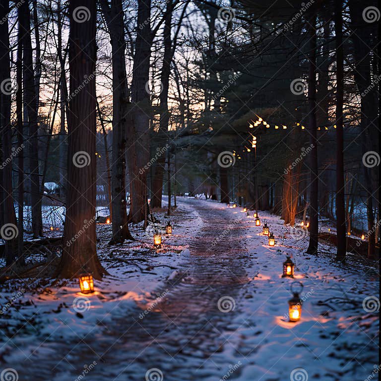 Side Angle of Winter Solstice Lanterns Along a Forest Path Stock ...