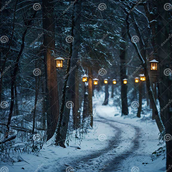 Side Angle of Winter Solstice Lanterns Along a Forest Path Stock ...