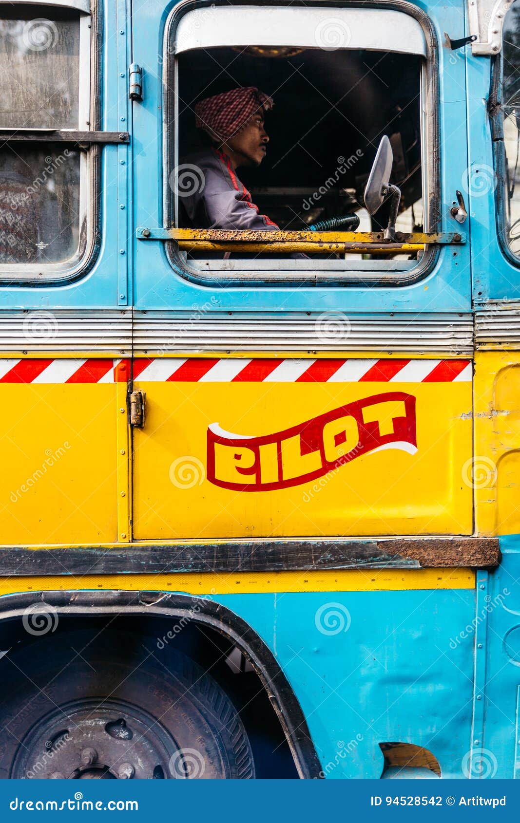 The Side of Blue Bus with Driver on the Street in Kolkata, India ...